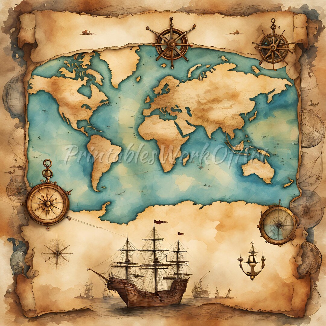 Printable Pirate Map Watercolor Collection: Instant Download JPG, World ...
