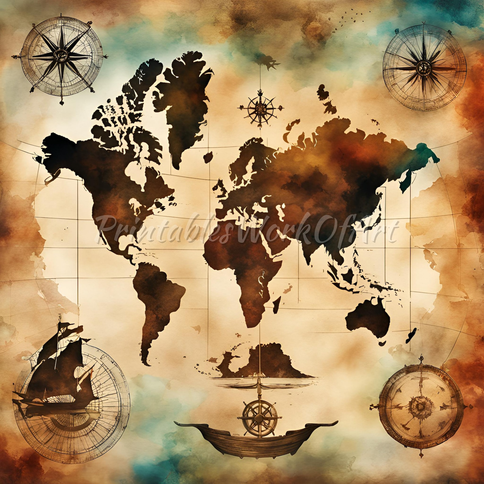 Printable Pirate Map Watercolor Collection: Instant Download JPG, World ...