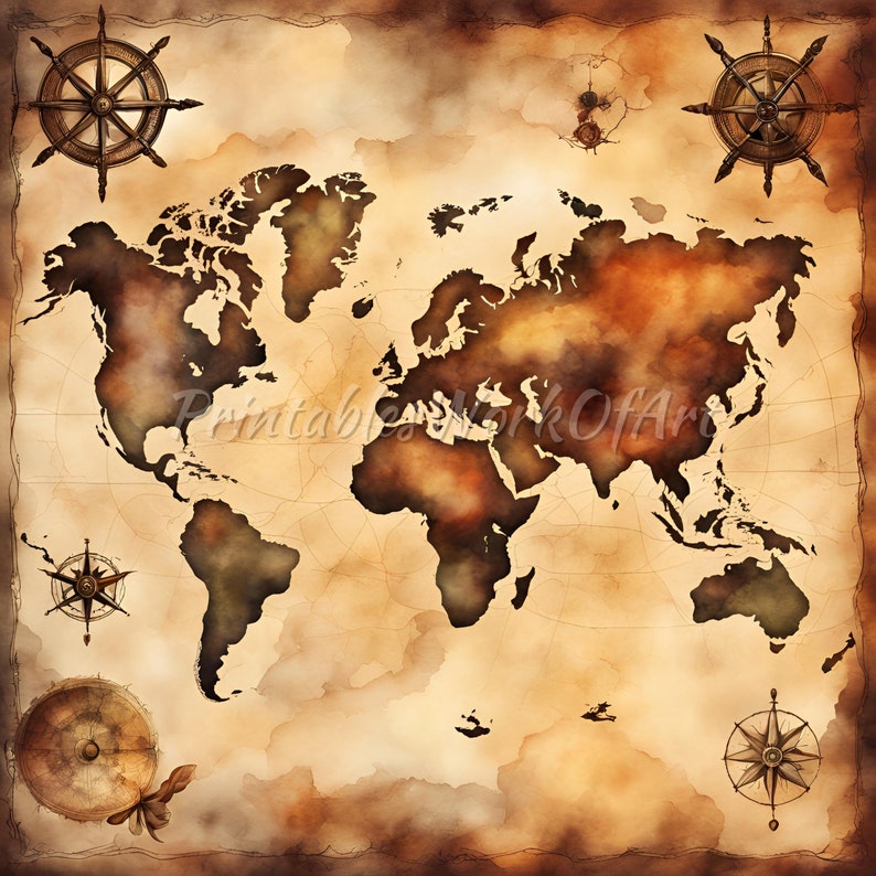 Watercolor Pirate Map Printable - World Map Art, Cartography Clipart ...