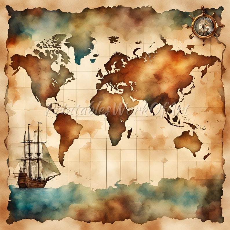 Printable Pirate Map Watercolor Collection: Instant Download JPG, World ...