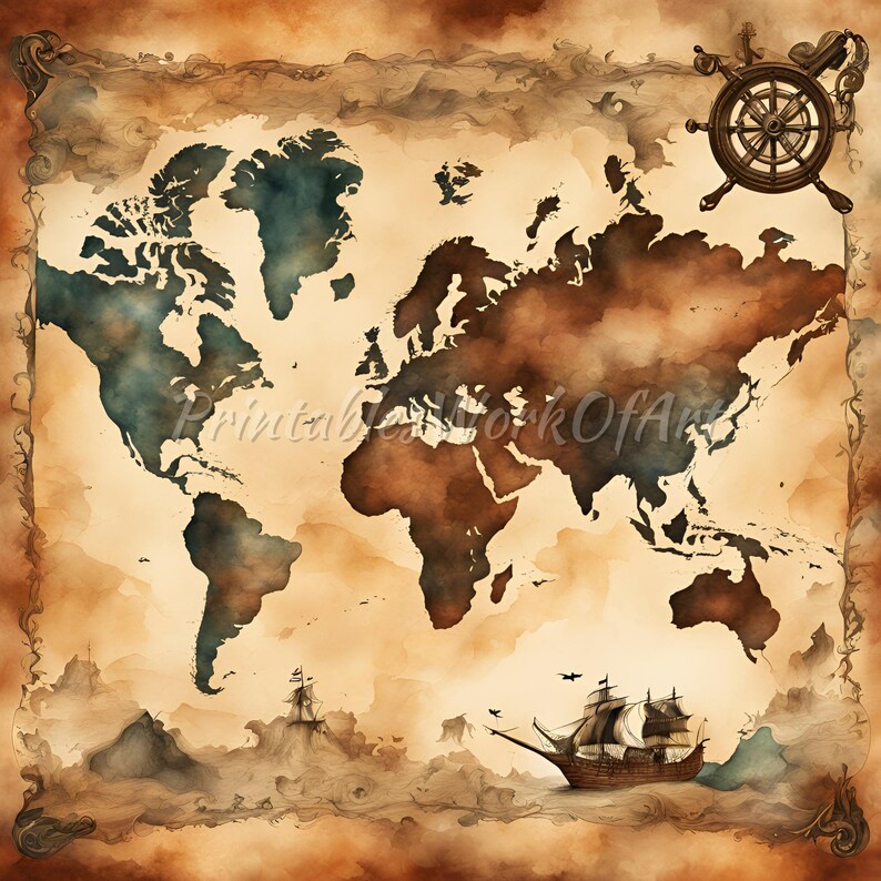Watercolor Pirate Map Printable - World Map Art, Cartography Clipart ...