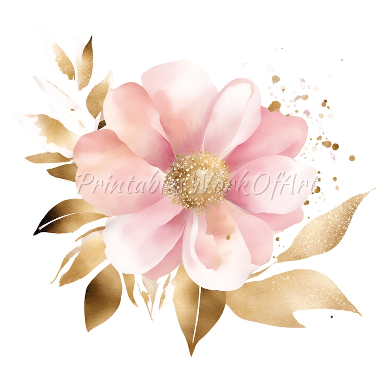 Pink & Gold Flower Clipart: Abstract Watercolor Floral Print (digital ...