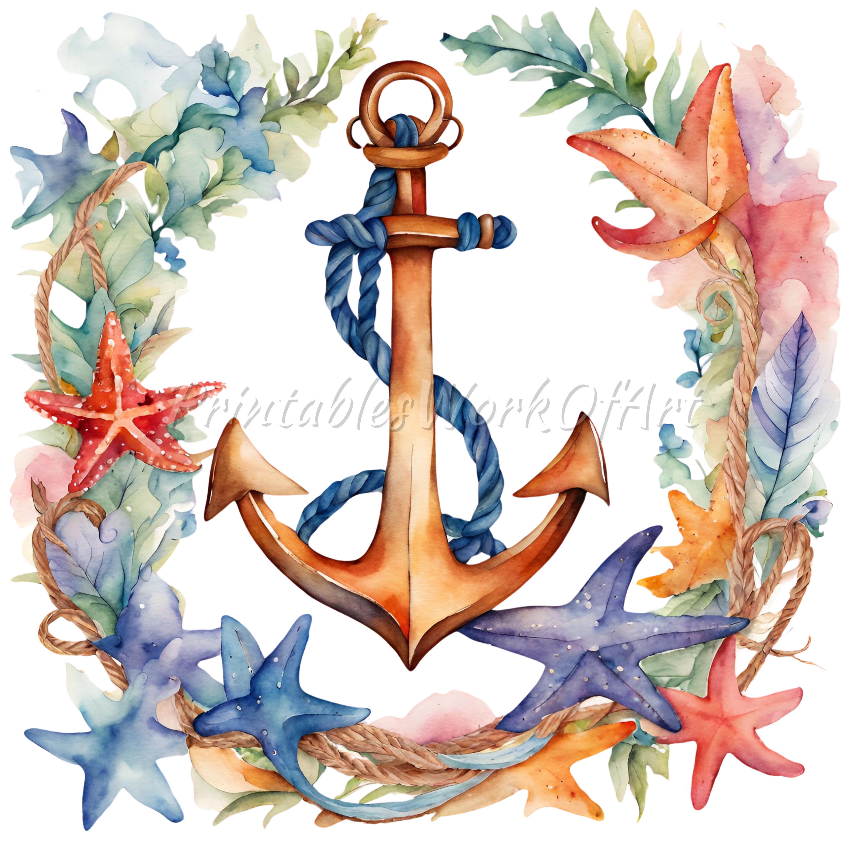 Anchor Clipart: Watercolor Starfish Nautical Decor,printable Digital ...