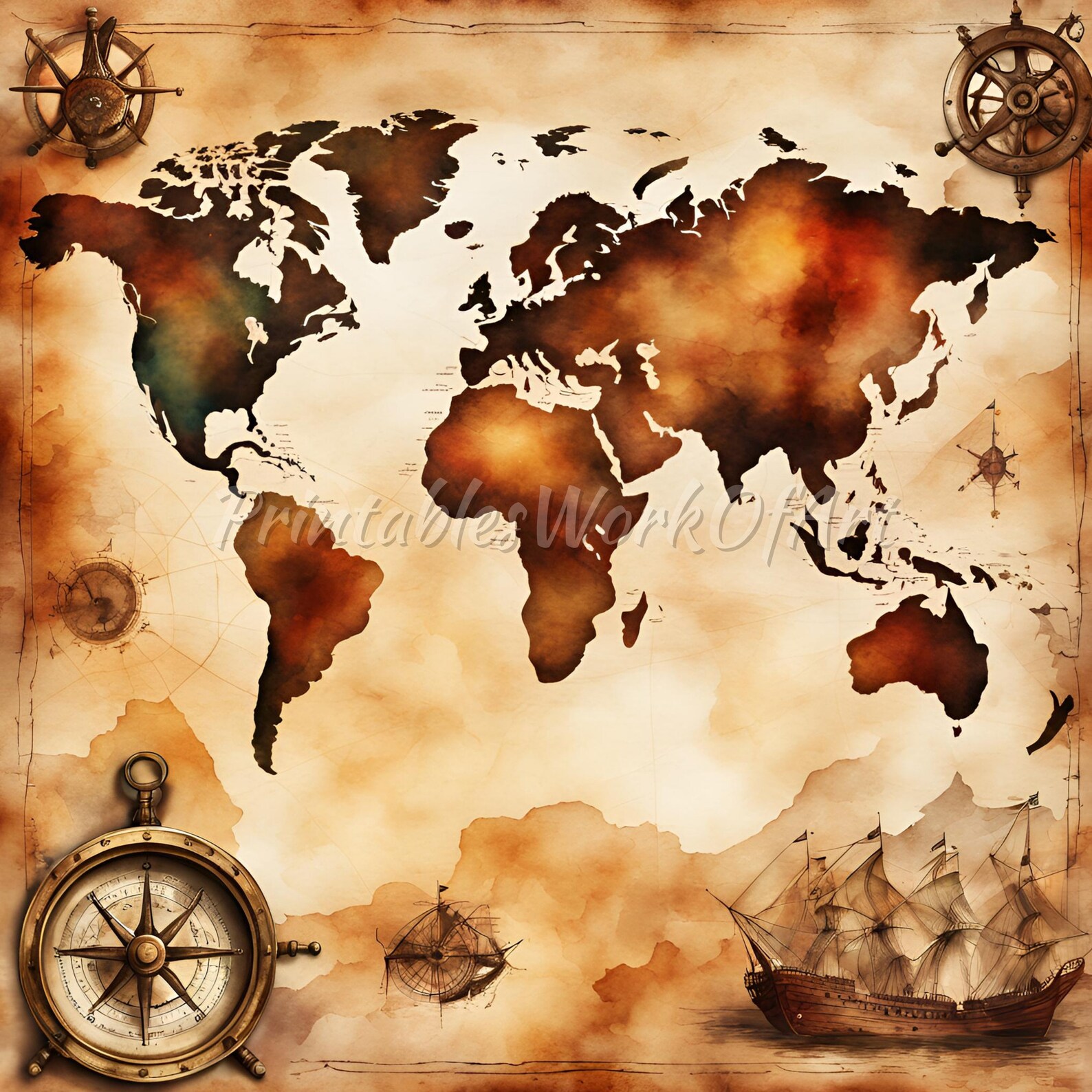 Printable Pirate Map Watercolor Collection: Instant Download JPG, World ...