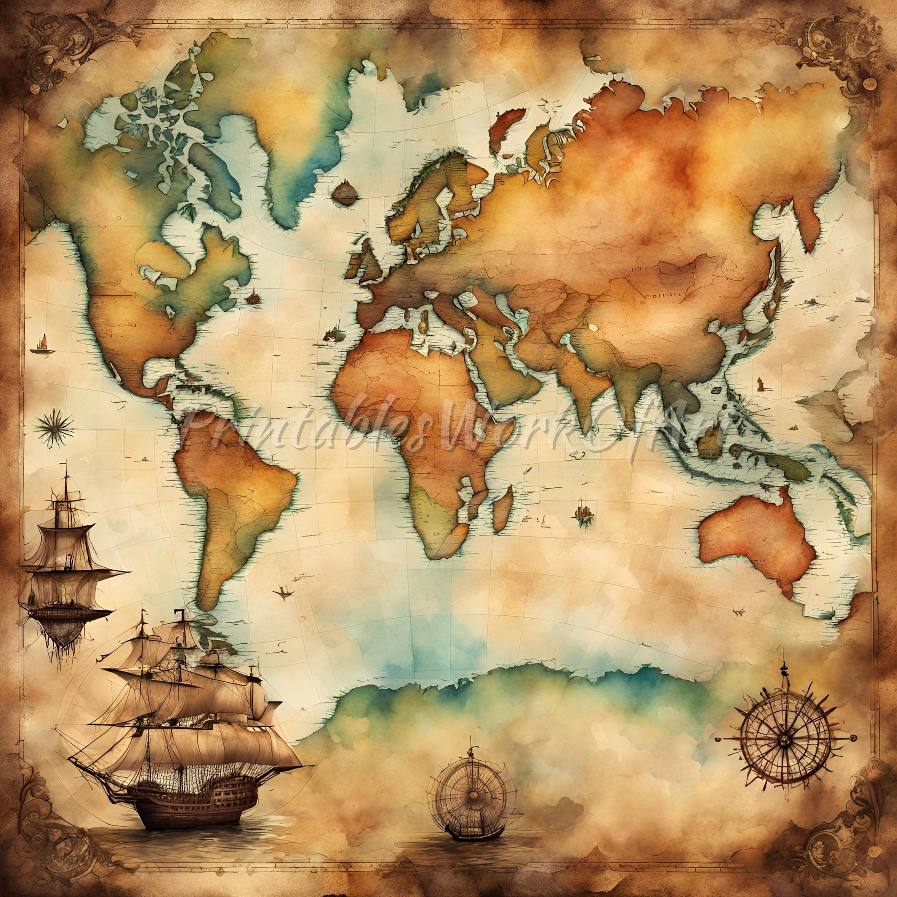 10 Printable Pirate Map Watercolor World Map - Instant Download JPG for Commercial Use - Paper ...