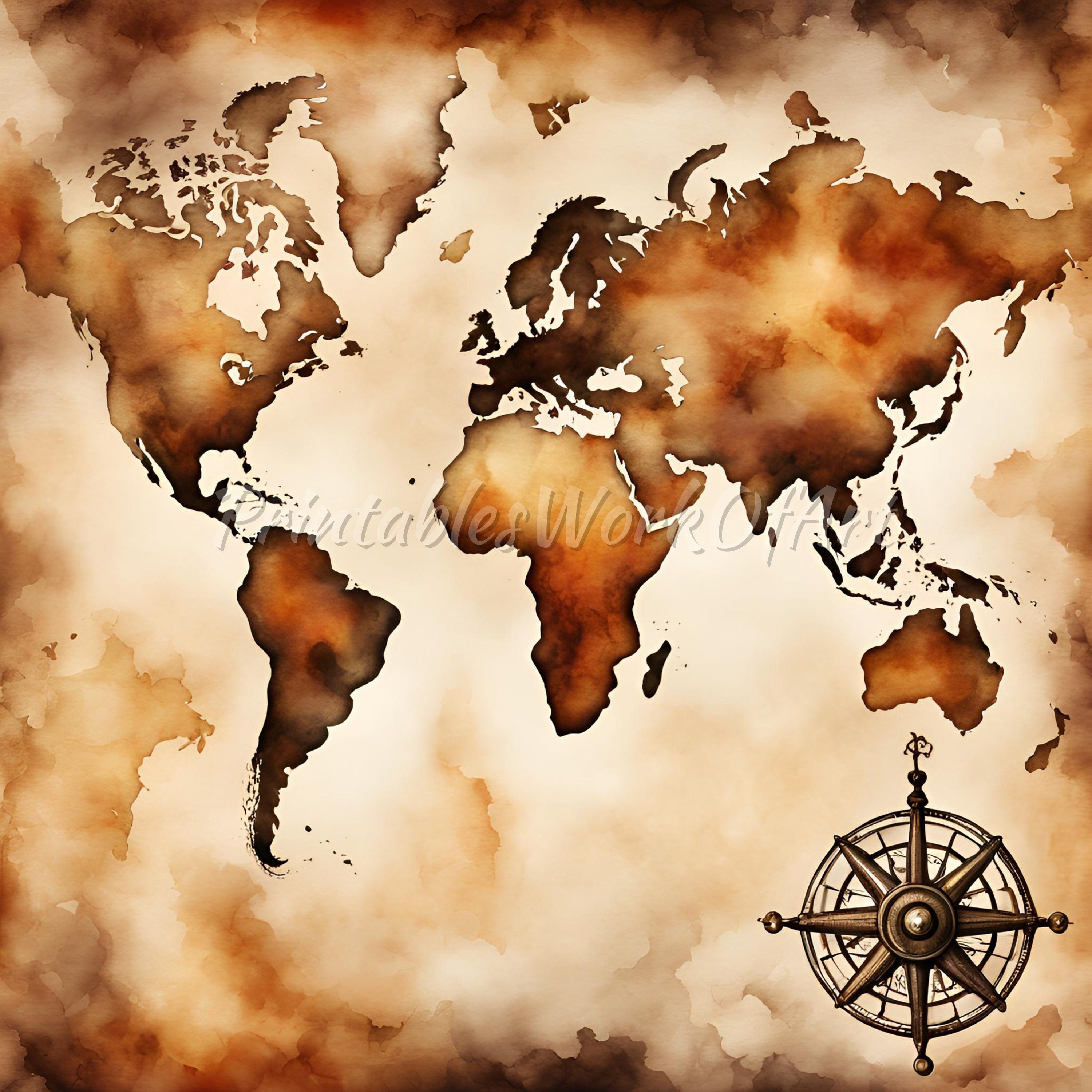 Watercolor Pirate Map Printable - World Map Art, Cartography Clipart ...