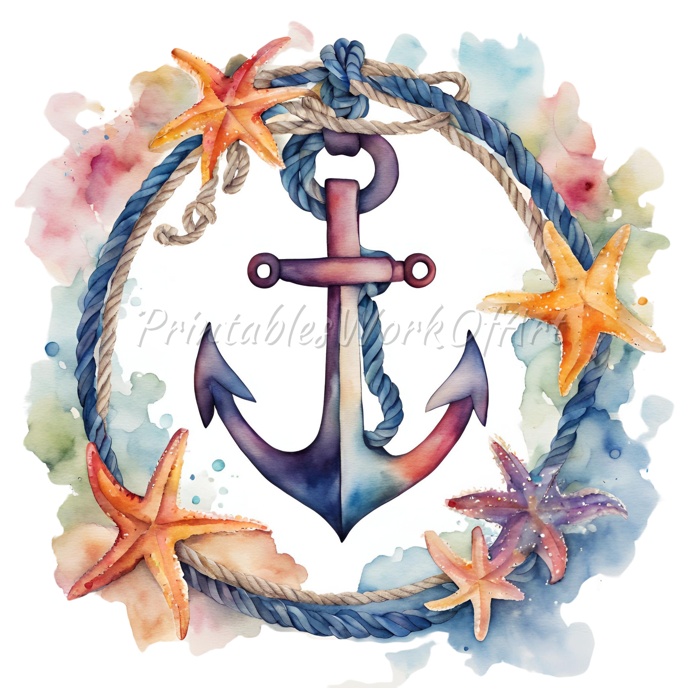 Anchor Clipart: Watercolor Starfish Nautical Decor,printable Digital ...