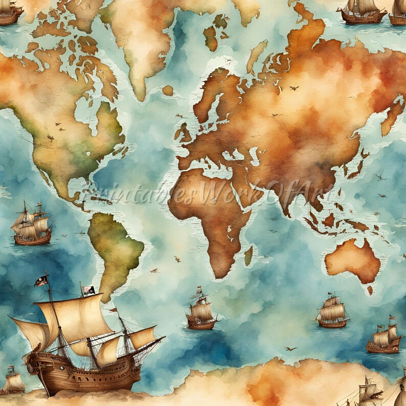 Vintage Pirate Map Wall Art - Antique Nautical Decor for Kids Room or ...