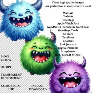 Cute Kawaii Monster Clip Art - 18 Watercolor Pngs for Kids Stickers ...