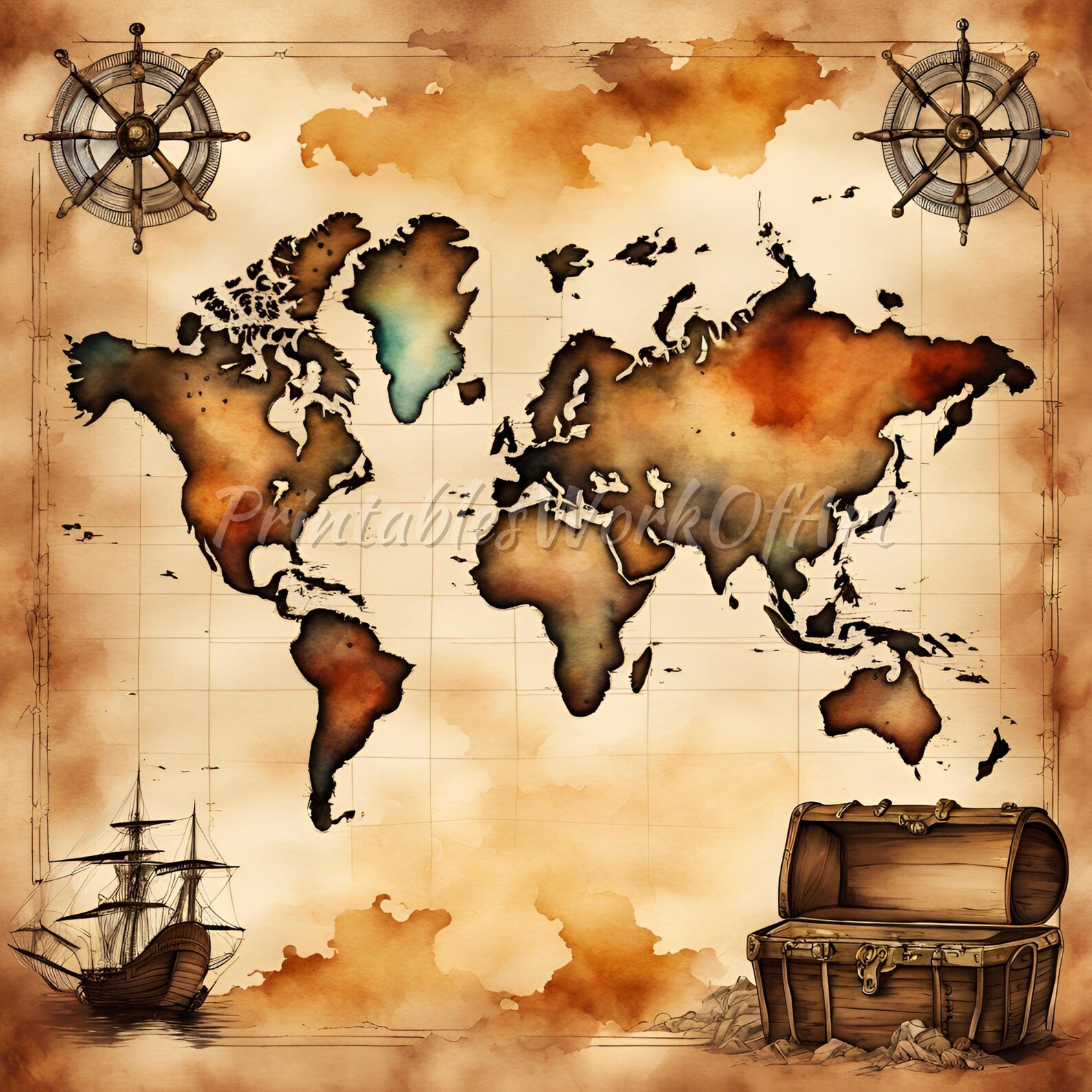 Watercolor Pirate Map Print: Vintage World Map Art (JPG Digital ...