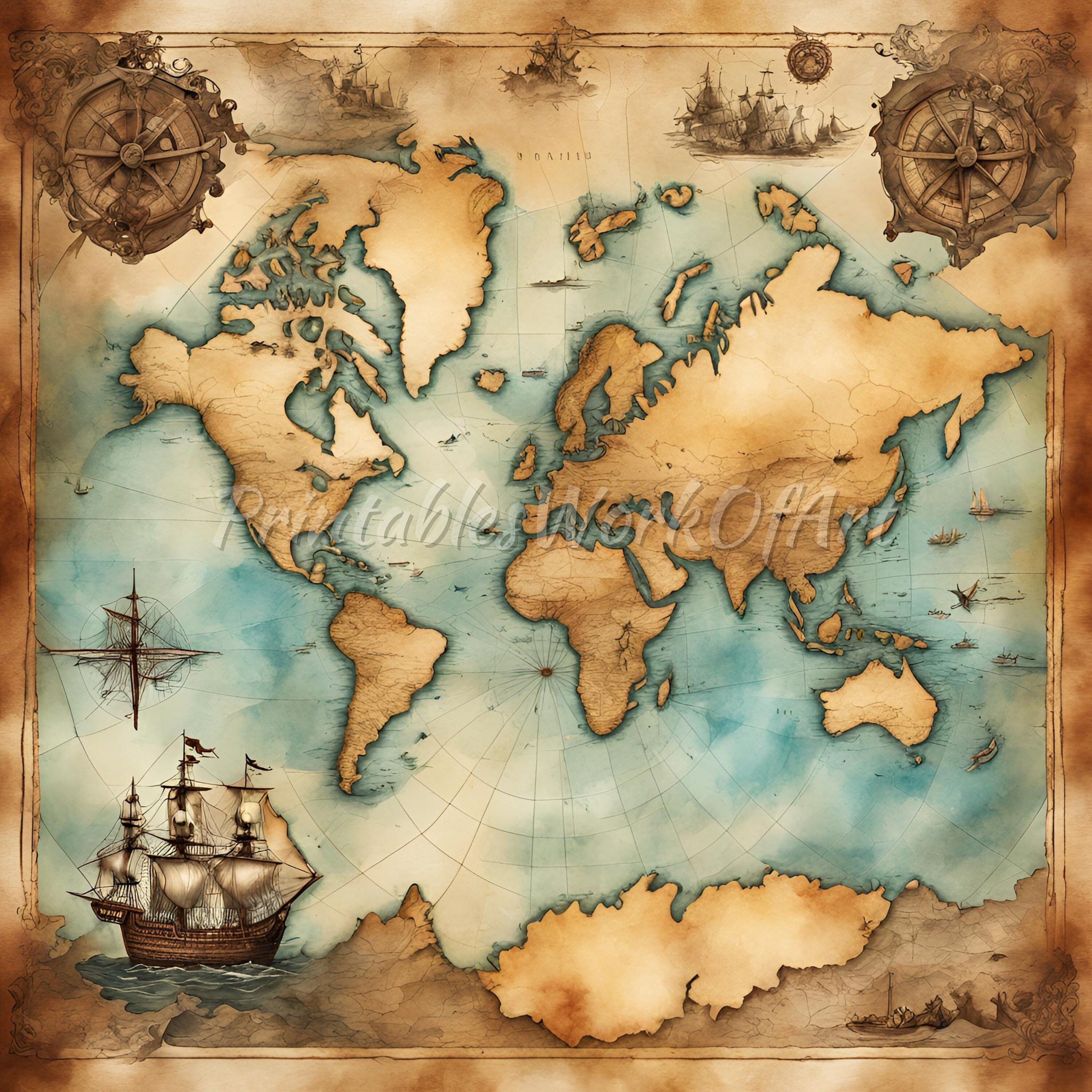 Printable Pirate Map Watercolor Collection: Instant Download JPG, World ...