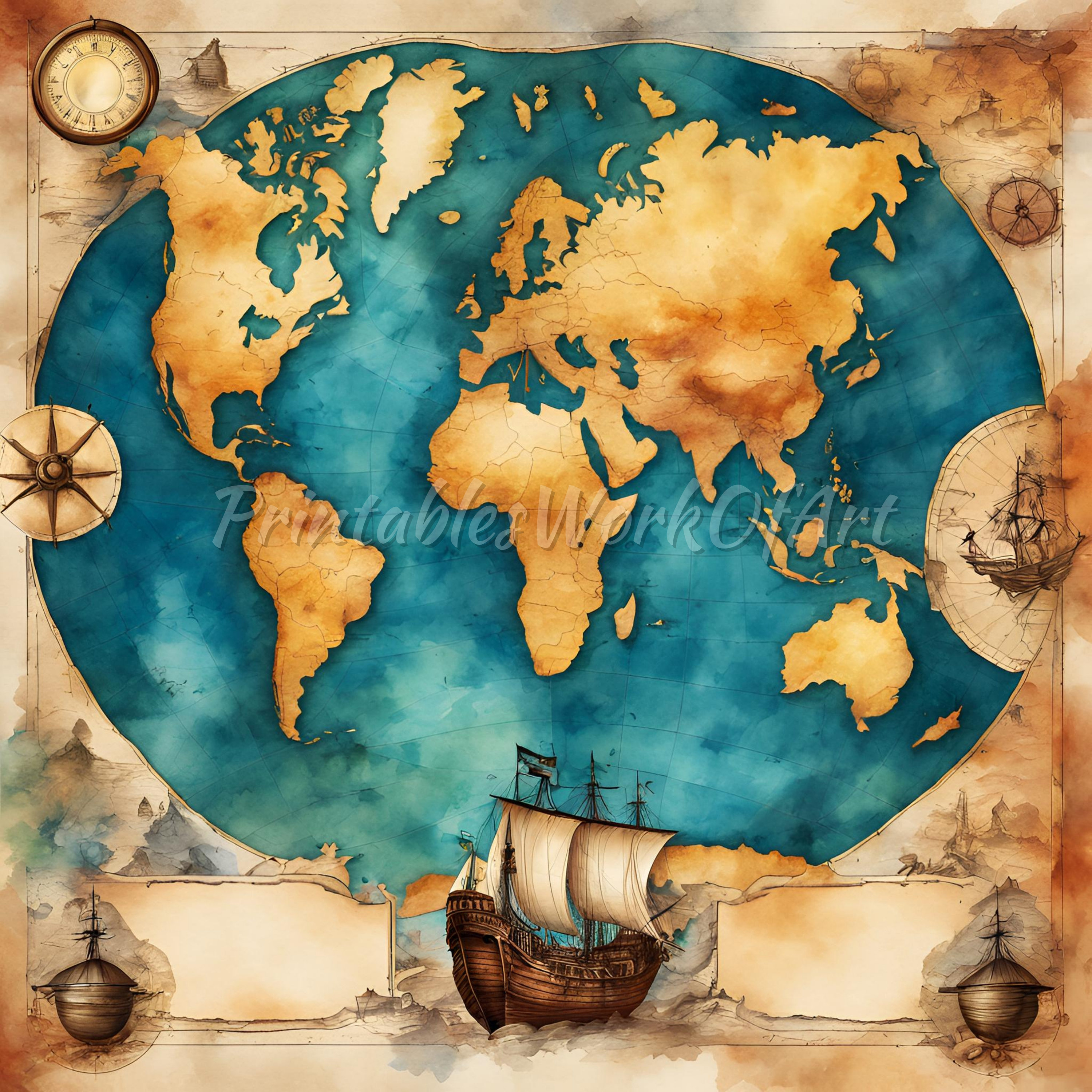 Watercolor Pirate Map Printable - World Map Art, Cartography Clipart ...