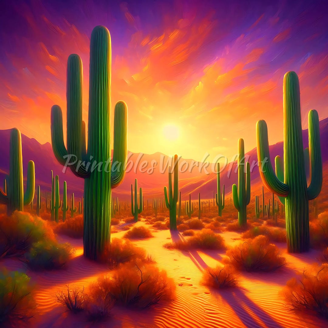 Boho Desert Cactus Wall Art – Oil Painting Style Printable | Mystical ...