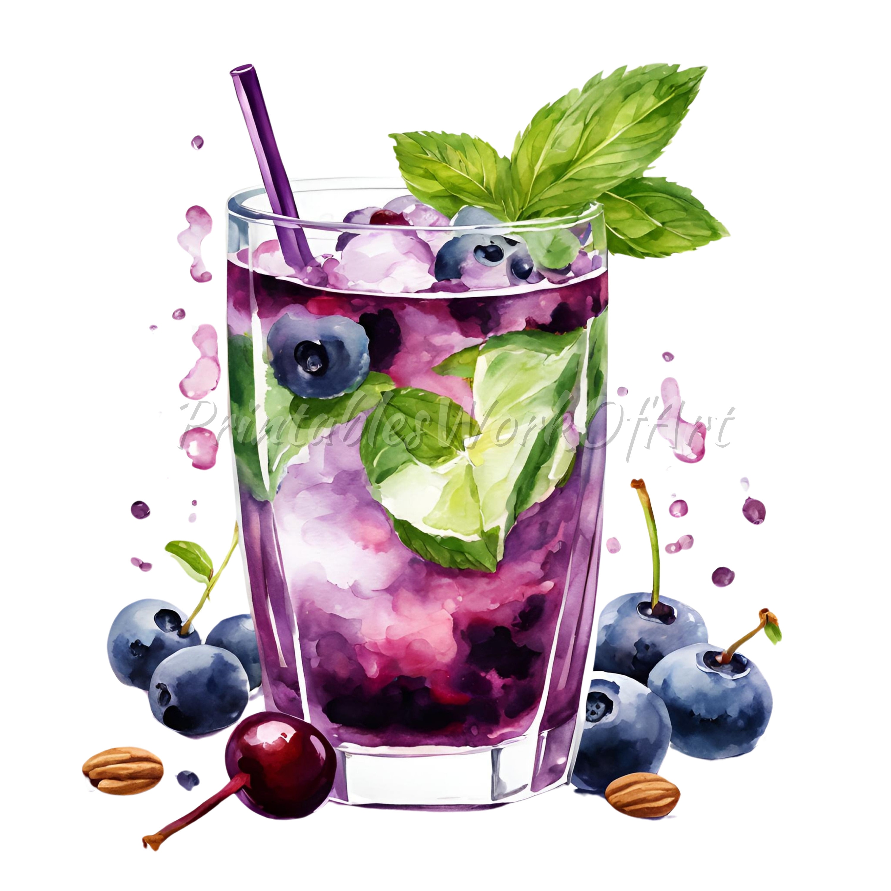 Purple Mojito Clipart, Mojito Cocktail Images, 12 Watercolor Clip Art ...