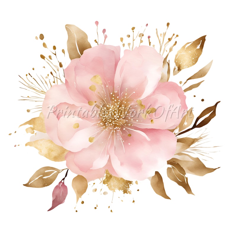 Pink & Gold Flower Clipart: Abstract Watercolor Floral Print (digital ...