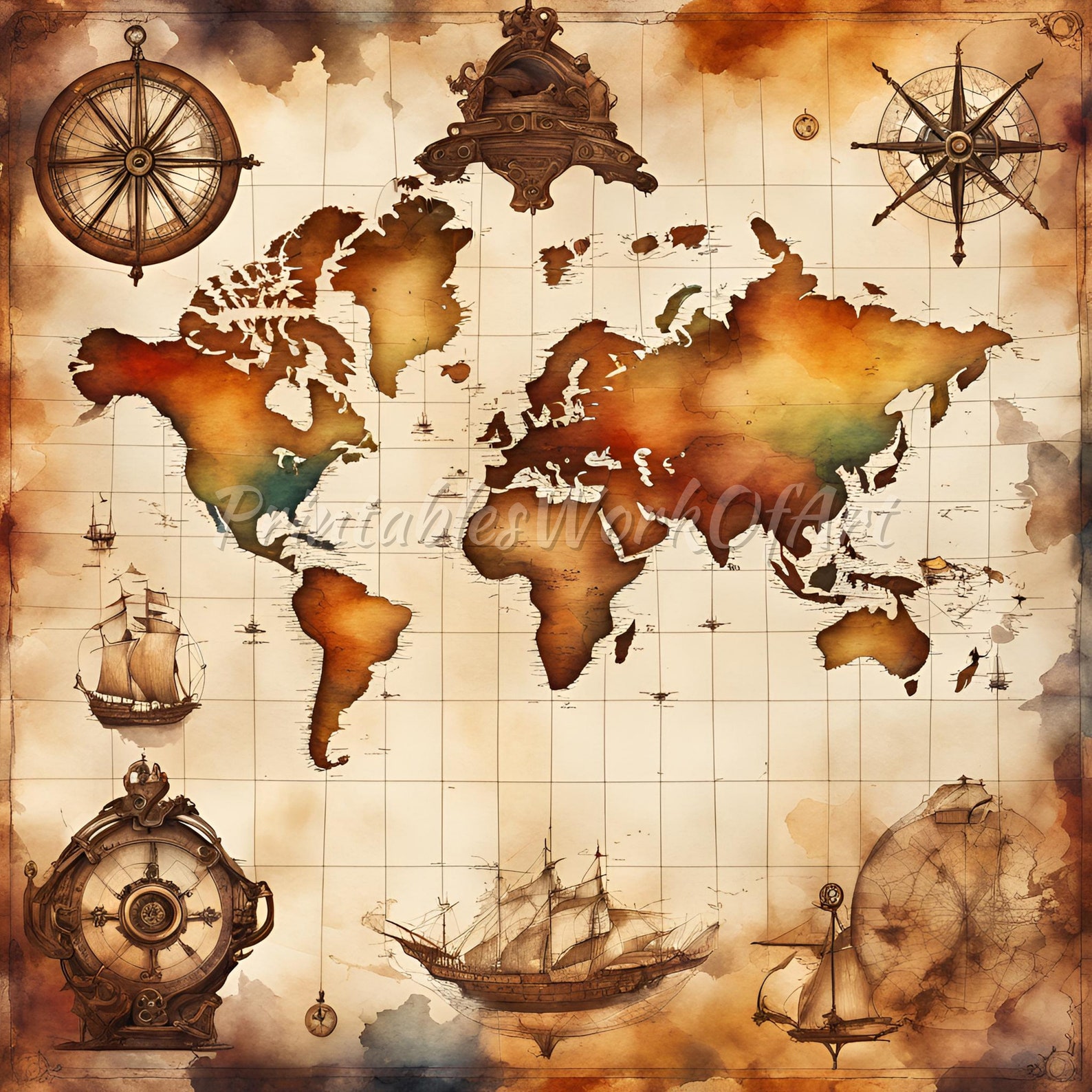 Printable Pirate Map Watercolor Collection: Instant Download JPG, World ...