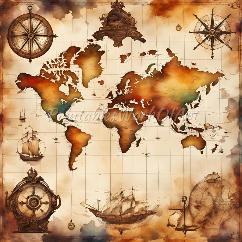 Printable Pirate Map Watercolor Collection: Instant Download JPG, World ...