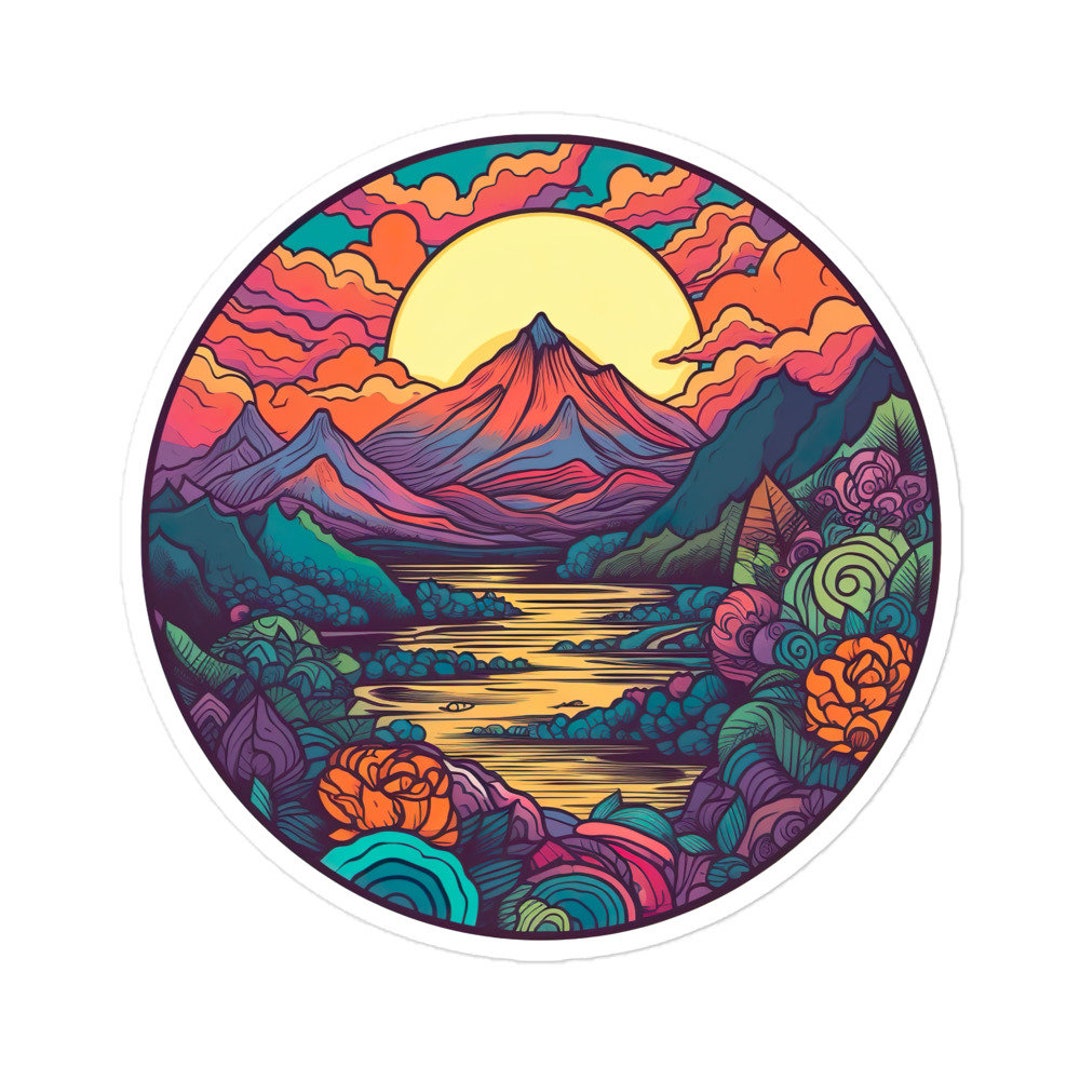Mountain Landscape Round Sticker - Sticker for Laptop, Hydroflask ...
