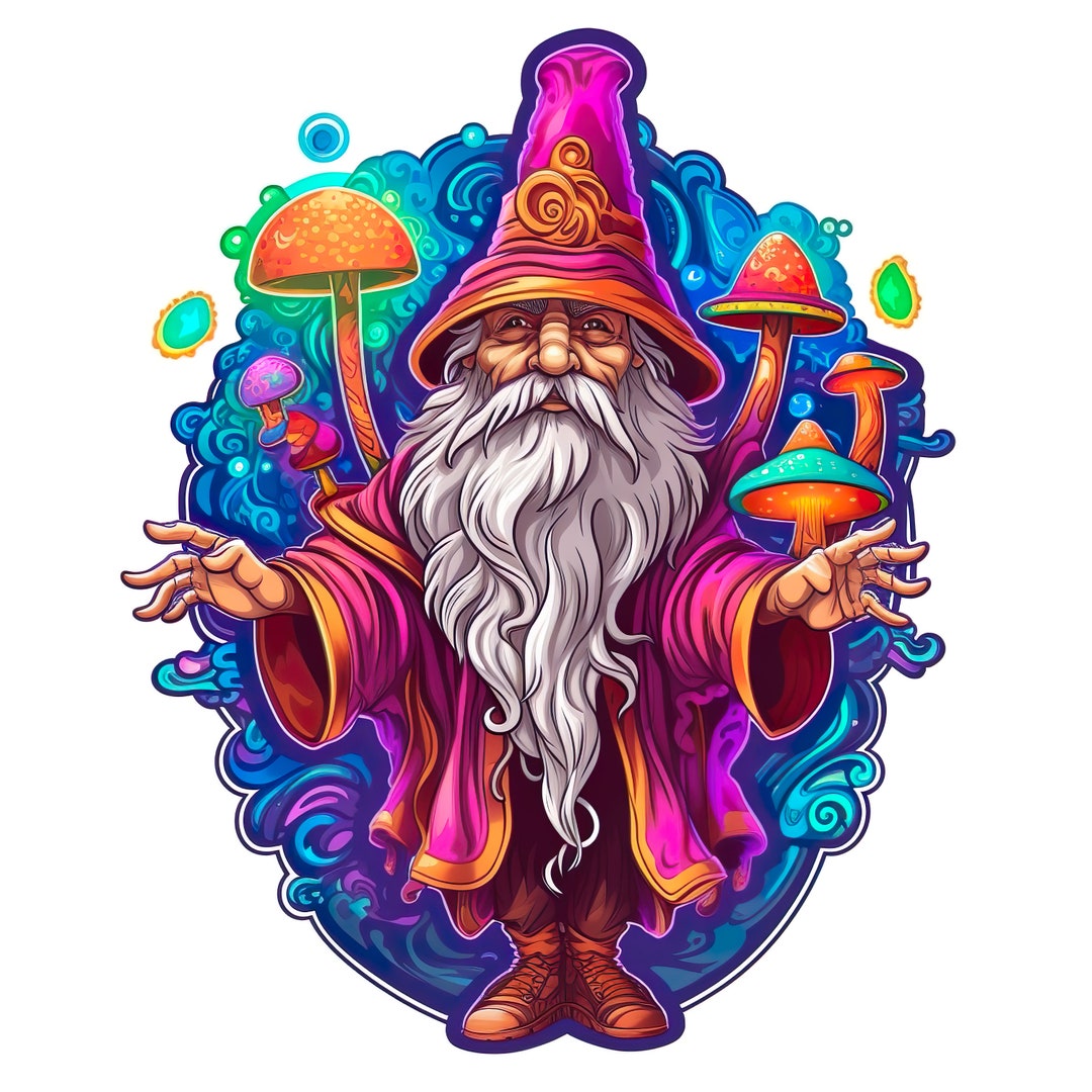 Trippy Wizard With Psychedelic Mushrooms Sticker - Sticker for Laptop ...
