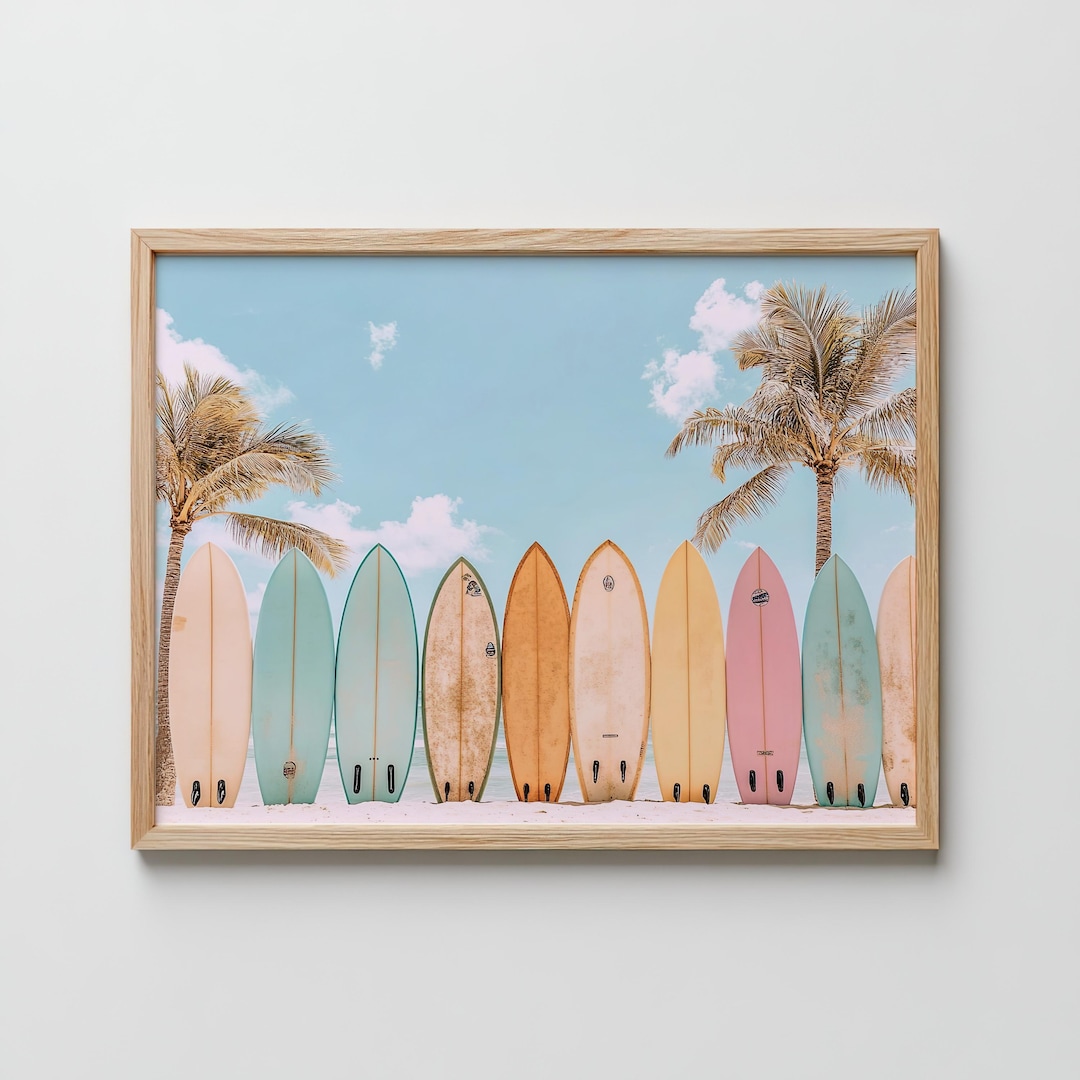 Retro Surfboard Print - Pastel Beach Photography Wall Art for Coastal ...