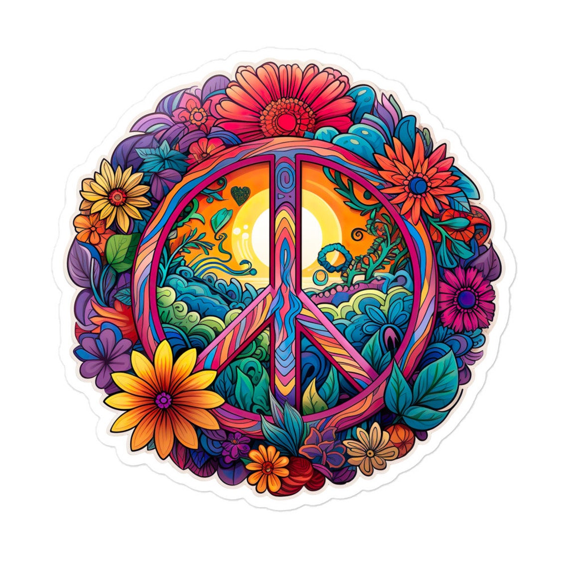 Floral Hippie Peace Sign Sticker - Sticker for Laptop, Hydroflask ...