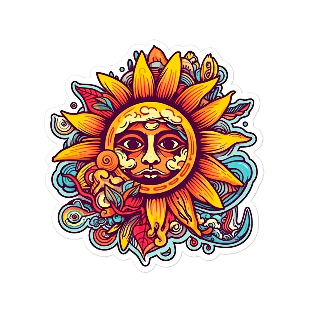 Boho Sun Face Sticker – Hippie Vinyl Decal for Laptop, Hydroflask ...