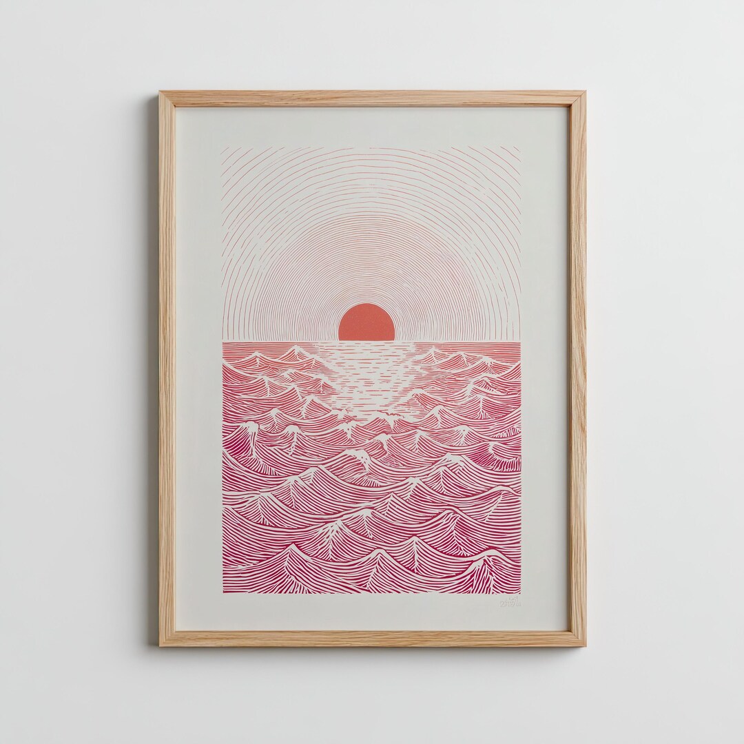Sunset Linocut Print – Coastal Ocean Artwork - Etsy
