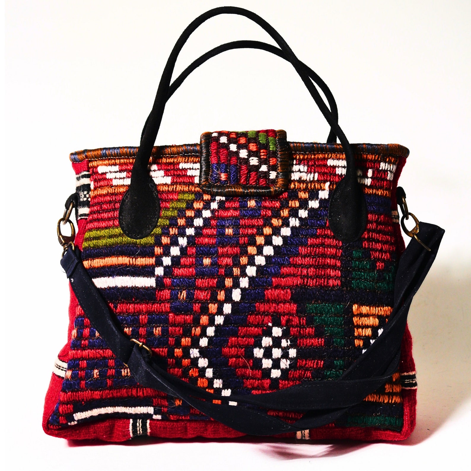 HANDMADE TRADITIONAL STAR Motif Anatolian Kilim Bag, Handwoven Carpet ...