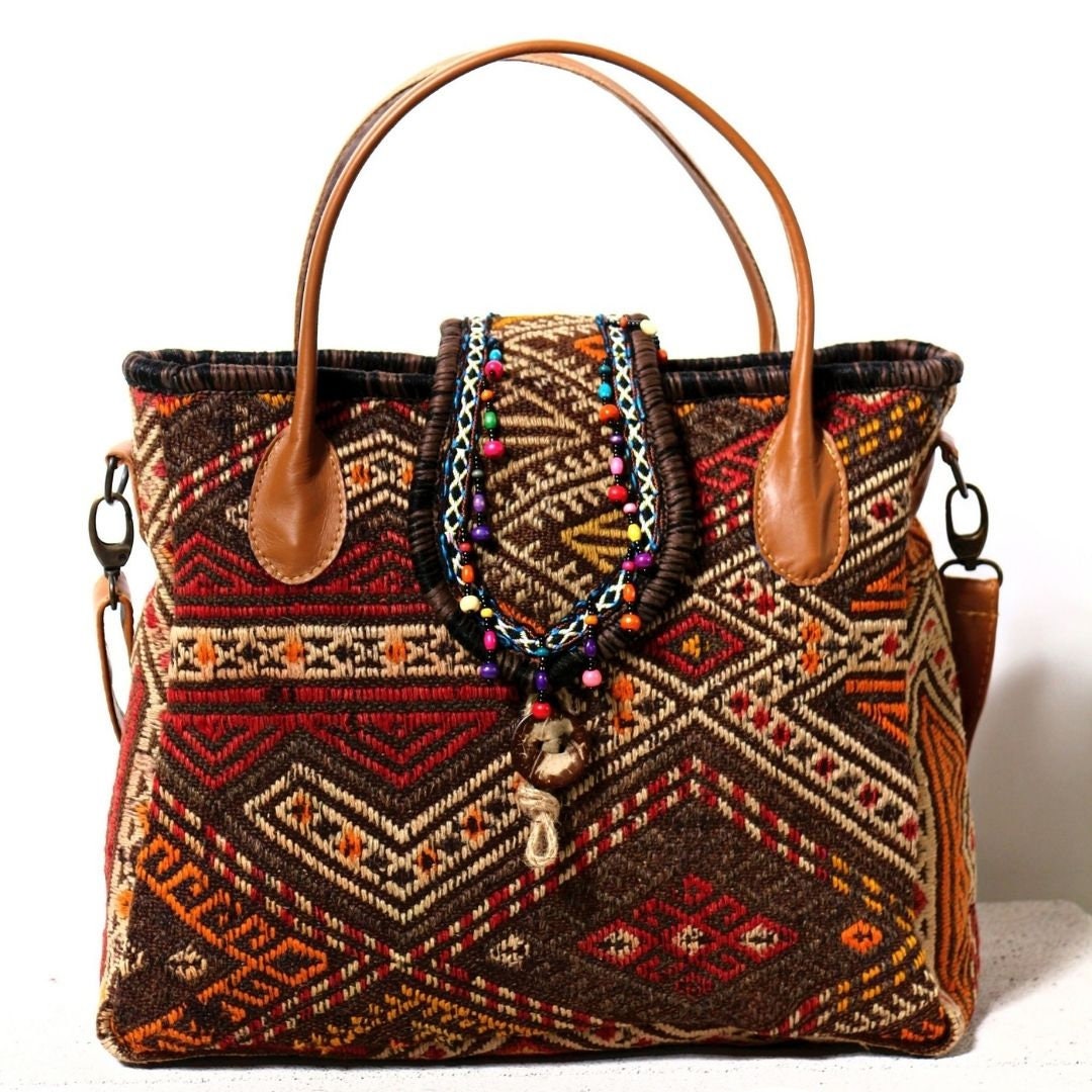 HANDMADE TRADITIONAL RAM Horn Motif Kilim Bag, Rug Shoulder Bag, Boho ...