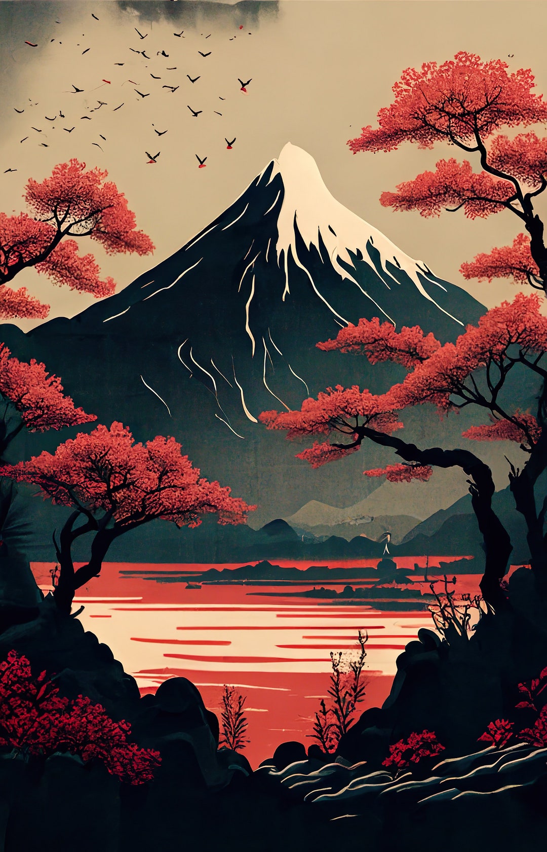 Japanese Landscape With Snowy Peak Mountain, Colorful Foreground Trees ...