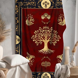 Tree of Life Red Velveteen Plush Blanket, Bohemian Couch Blanket ...