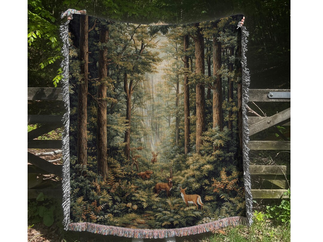 Forest Tapestry Blanket: Cottagecore Cabin Decor, Fringed Cotton Throw ...