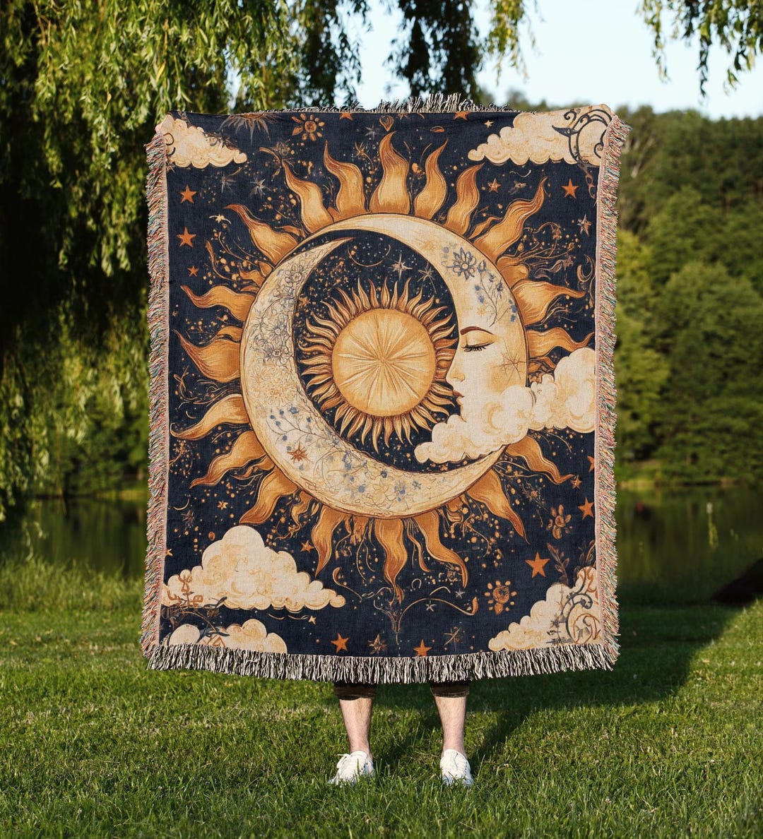 Boho Sun and Moon Woven Blanket: Celestial Cotton Throw - Etsy