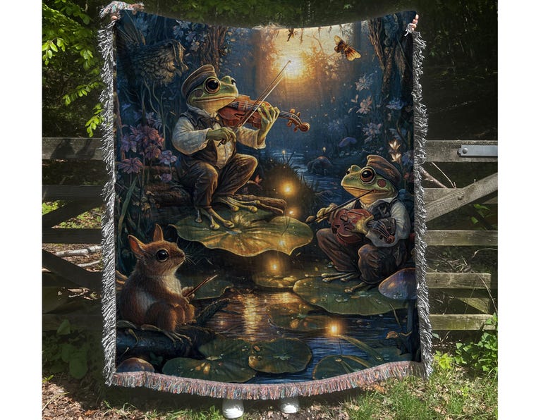 Frog Musicians Woven Blanket: Cottagecore Boho Home Decor - Etsy