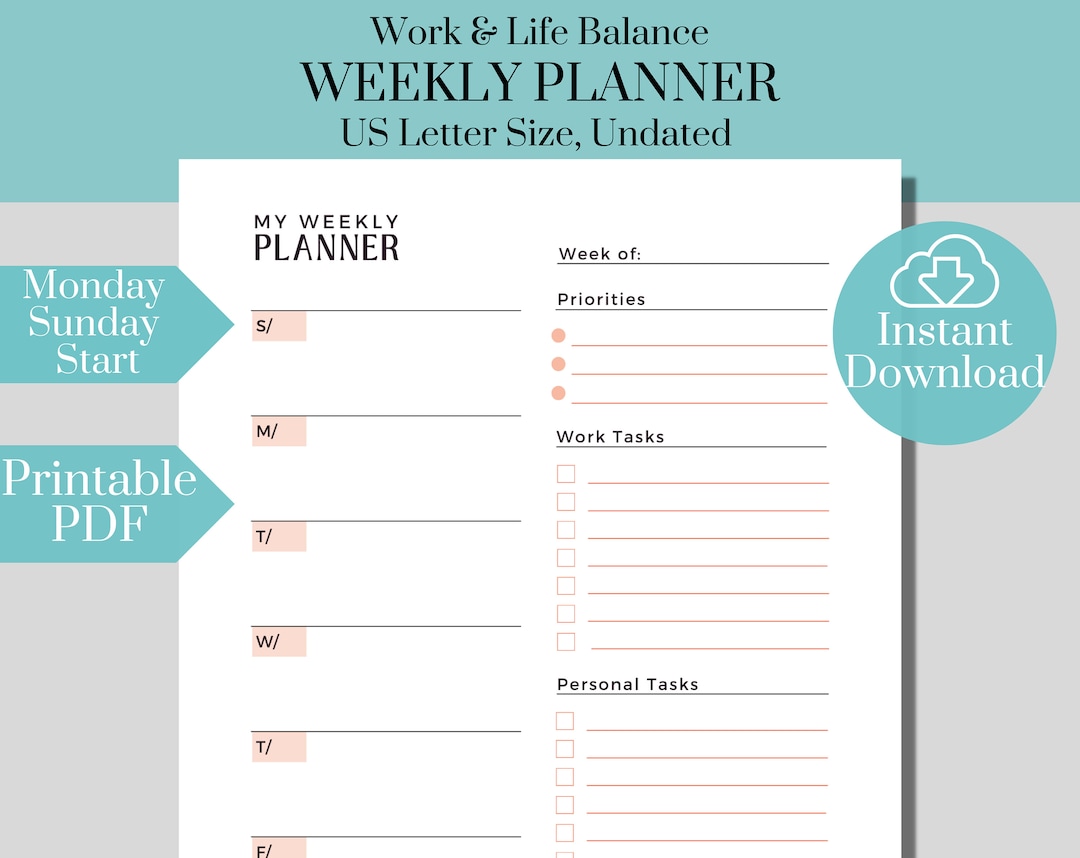 Weekly Planner Printable PDF, Minimalist Pink, Undated, Week at a ...