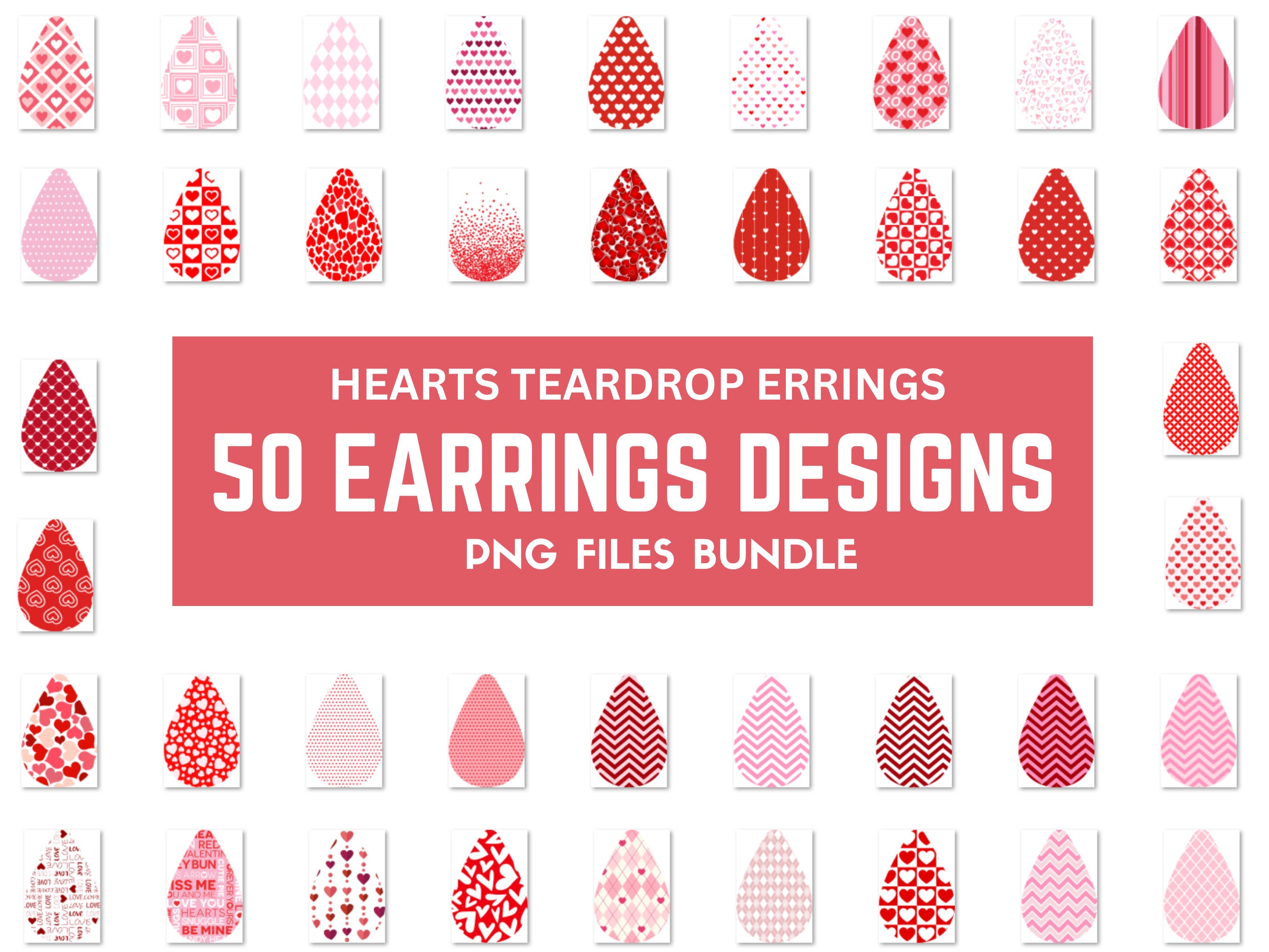 50 Hearts Earrings PNG Bundle, Love Teardrop Earring Template, Love ...
