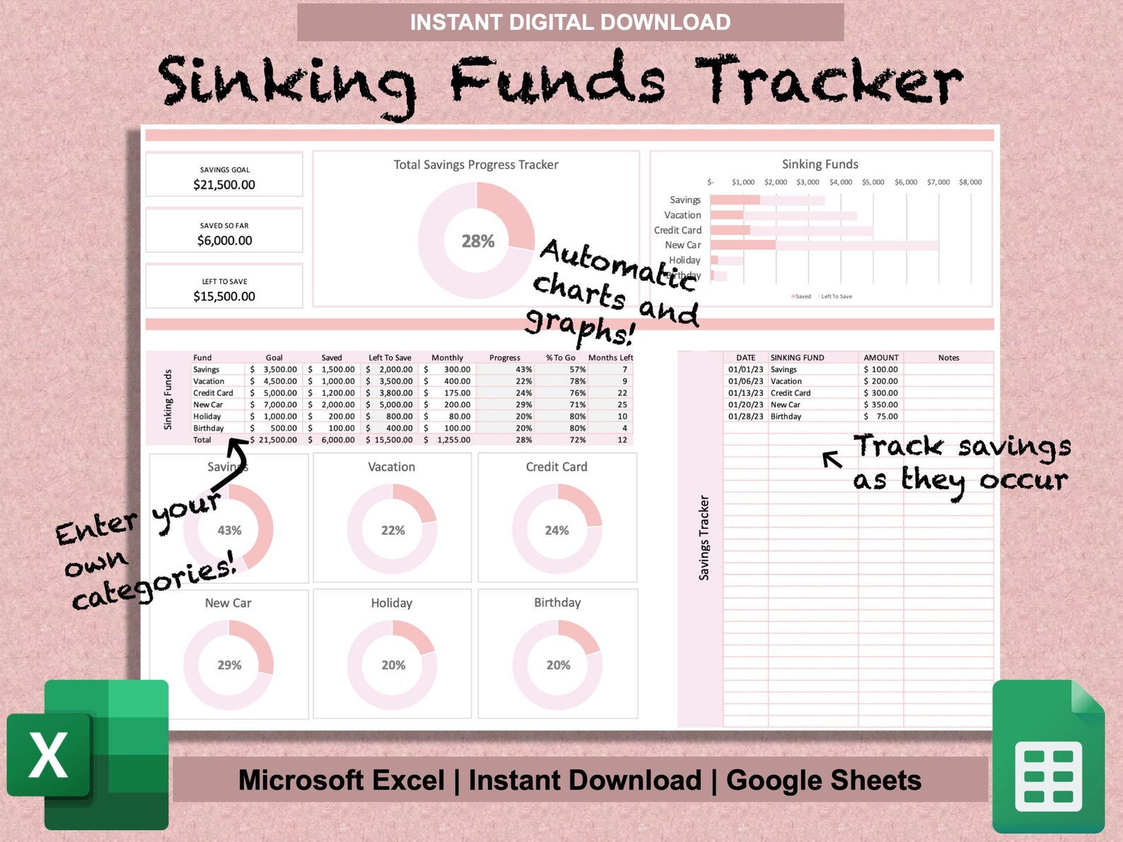 Sinking Funds Tracker Spreadsheet | Savings Tracker | Savings Template ...