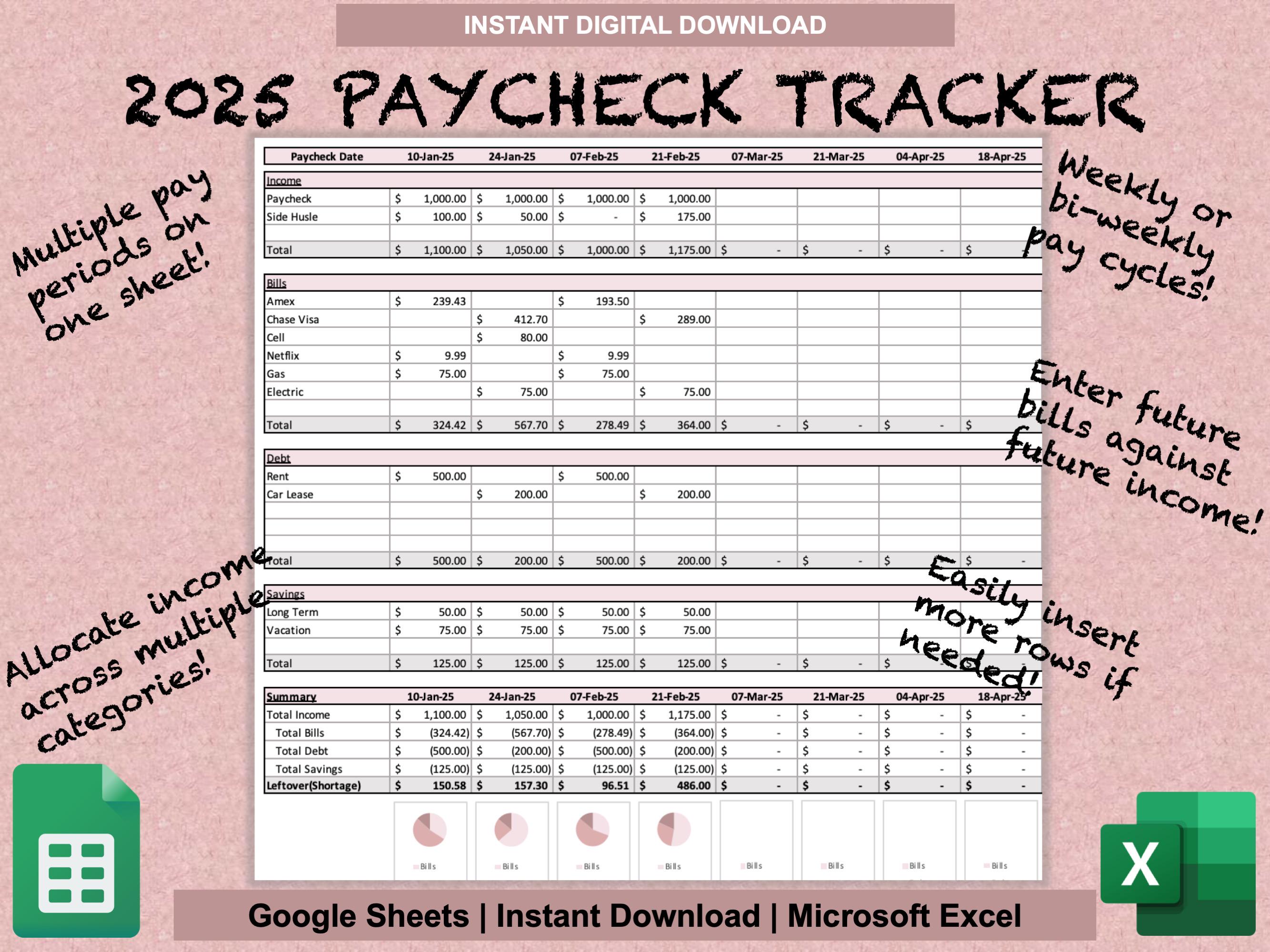 2025 Bi-weekly Paycheck Tracker Spreadsheet for Google Sheets ...