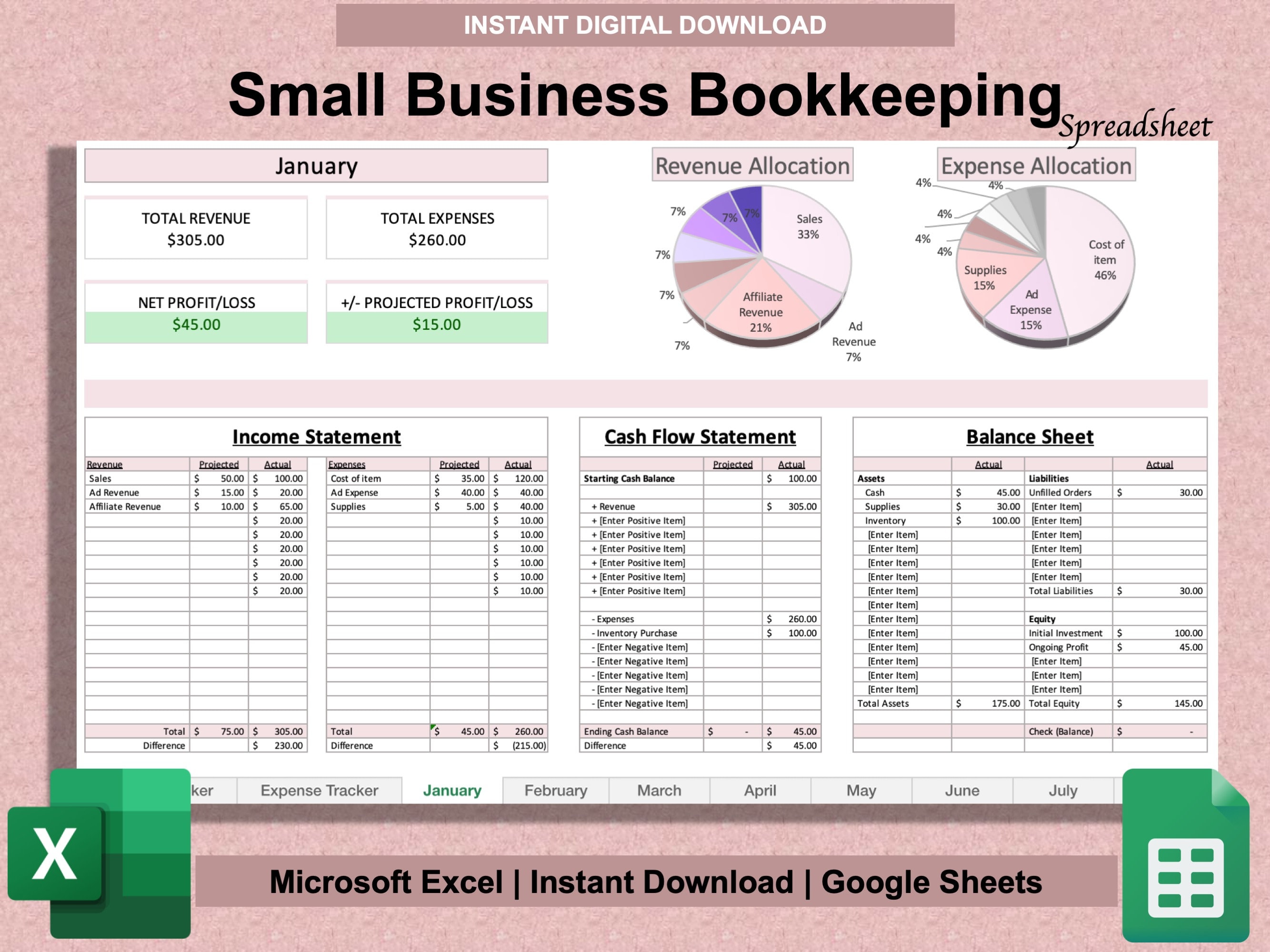Small Business Bookkeeping Spreadsheet Template for Excel & Google ...