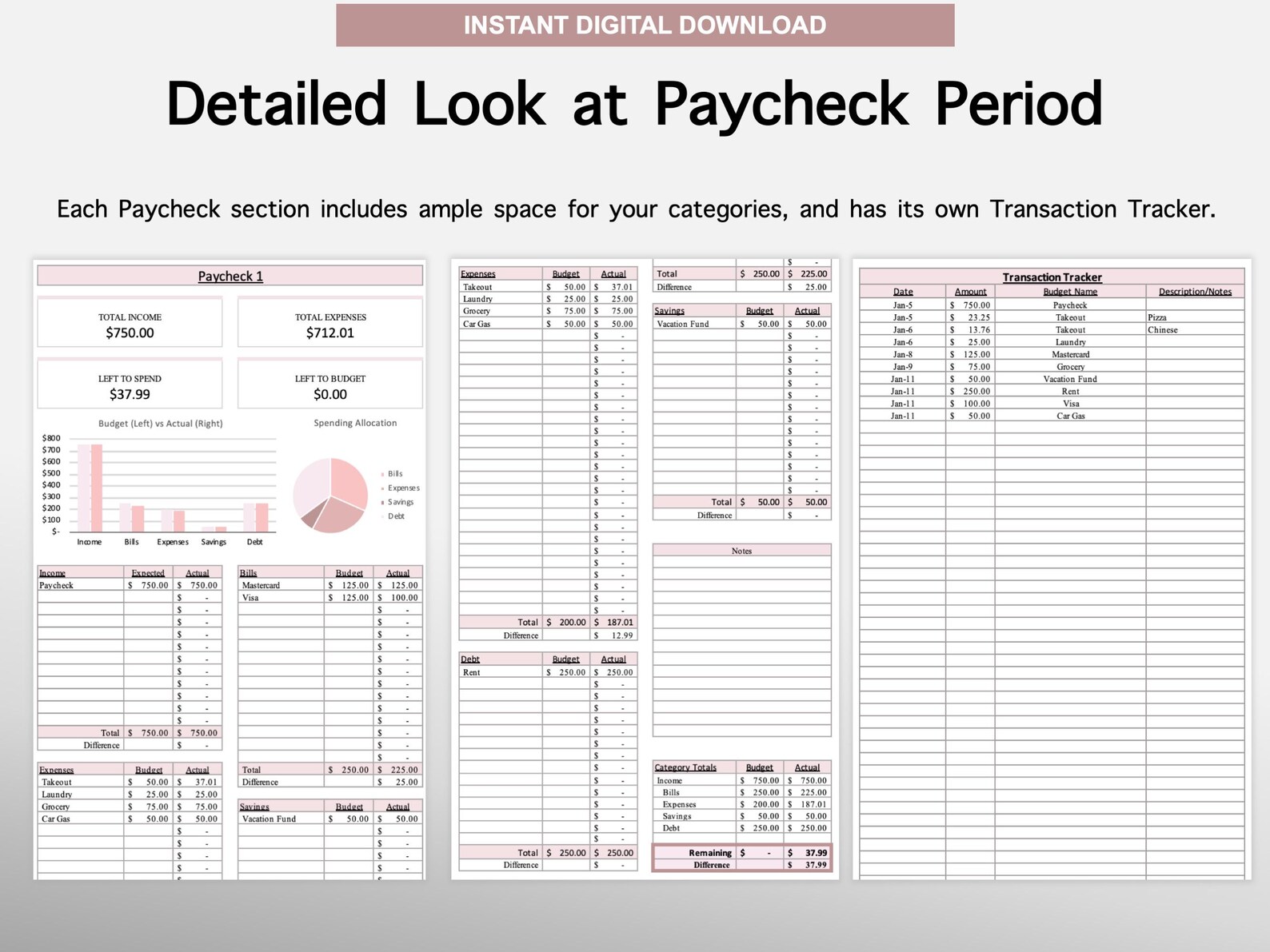 Weekly Paycheck Budget Tracker Spreadsheet | Budget by Paycheck ...