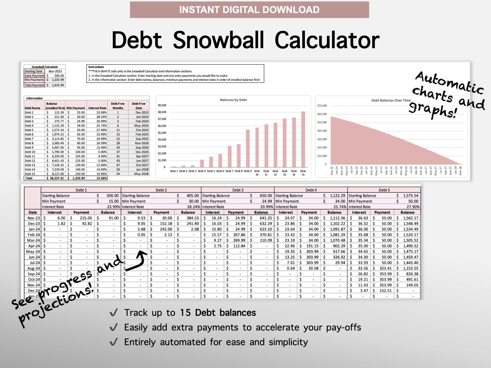 Debt Snowball Calculator Spreadsheet for Google Sheets, Microsoft Excel, Debt Payoff Tracker ...