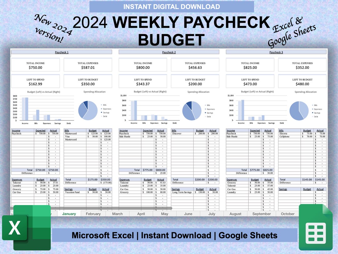 Weekly Budget Spreadsheet Paycheck Budget Bi Weekly Budget Planner ...