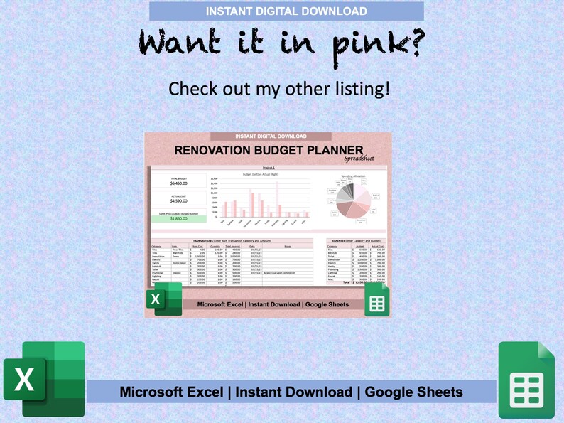 Home Renovation Budget Planner for Excel & Google Sheets | DIY Planner ...