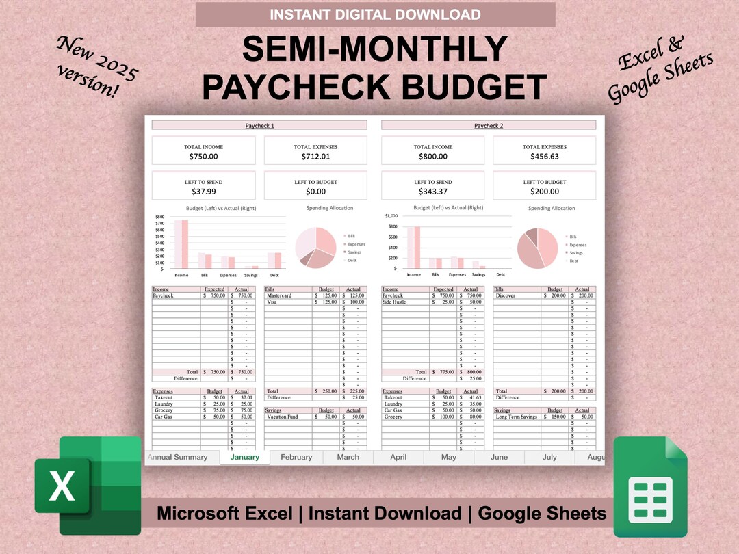 Semi-monthly Paycheck Budget Spreadsheet Tracker | Budget by Paycheck ...