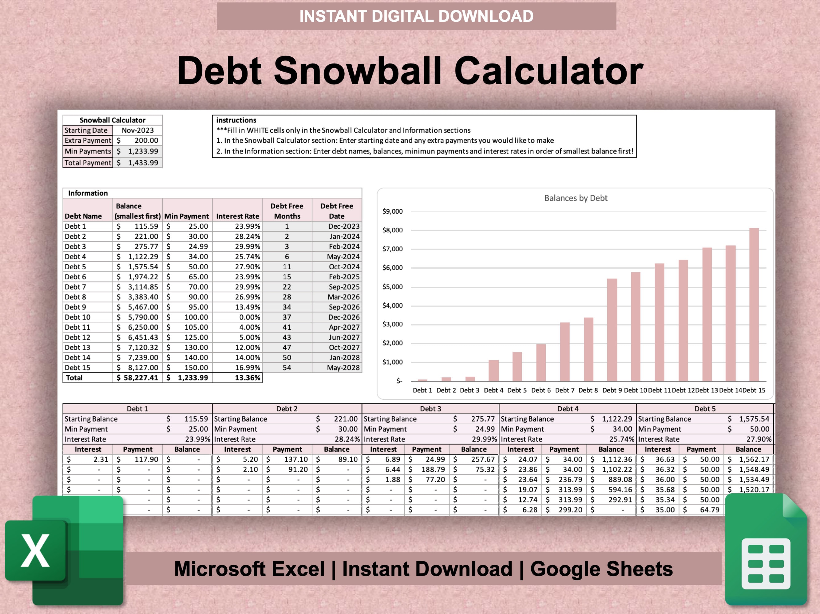 Debt Snowball Calculator Spreadsheet for Google Sheets, Microsoft Excel, Debt Payoff Tracker ...