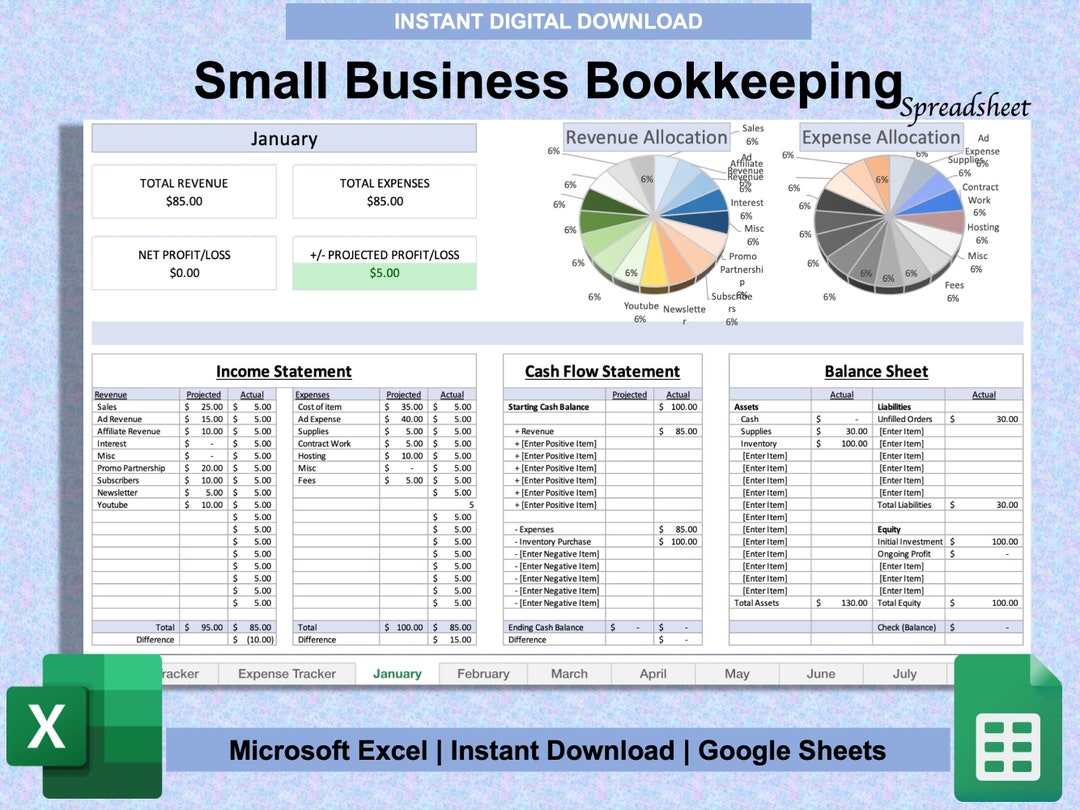 Small Business Bookkeeping Template Spreadsheet: Easy Income and ...