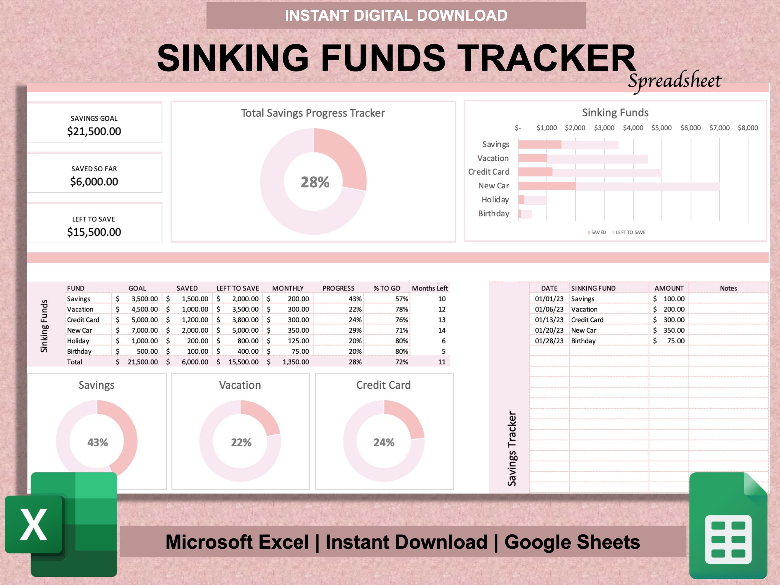 Sinking Funds Tracker Spreadsheet | Savings Tracker | Savings Template ...
