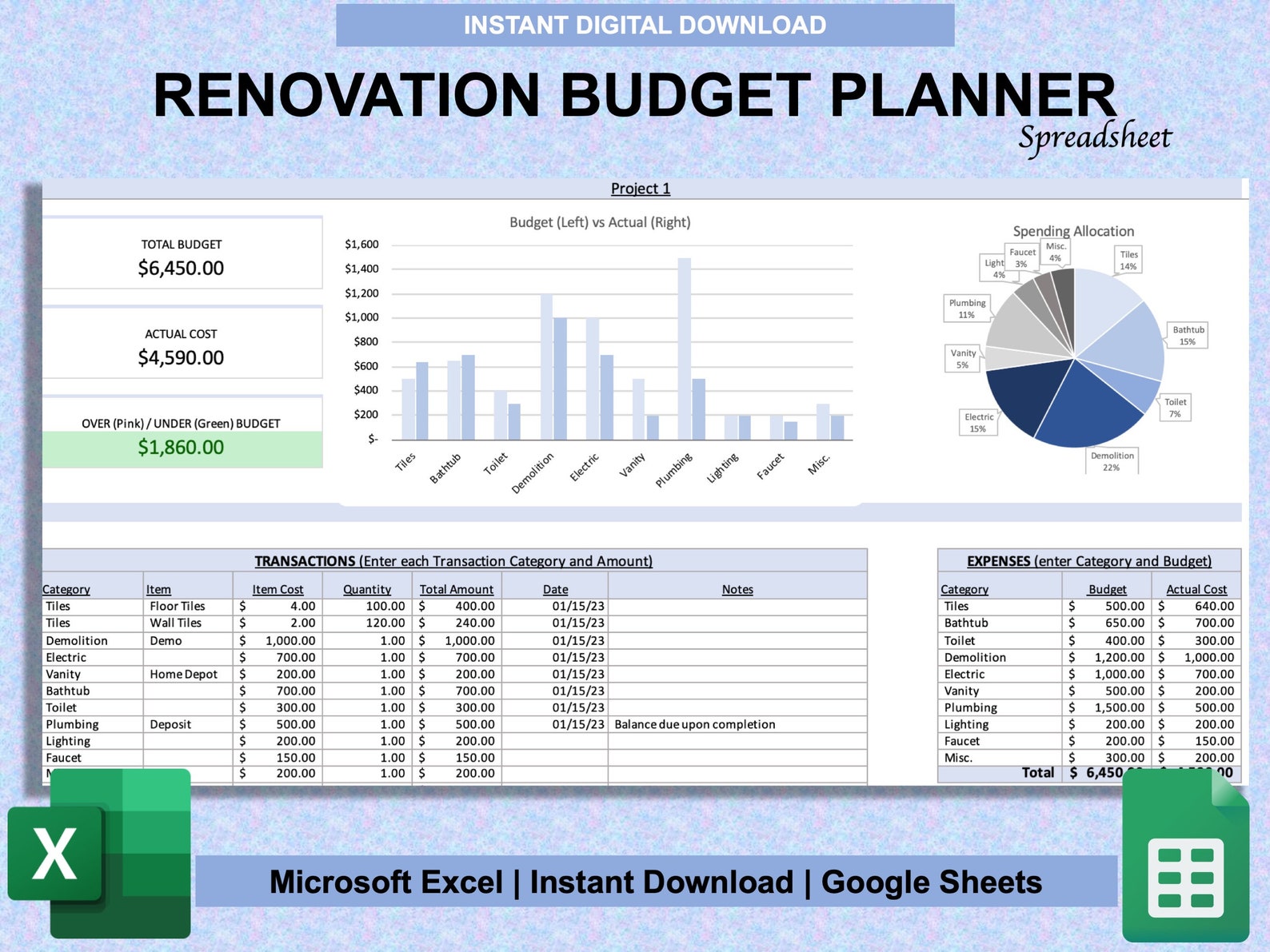 Home Renovation Budget Planner for Excel & Google Sheets | DIY Planner ...