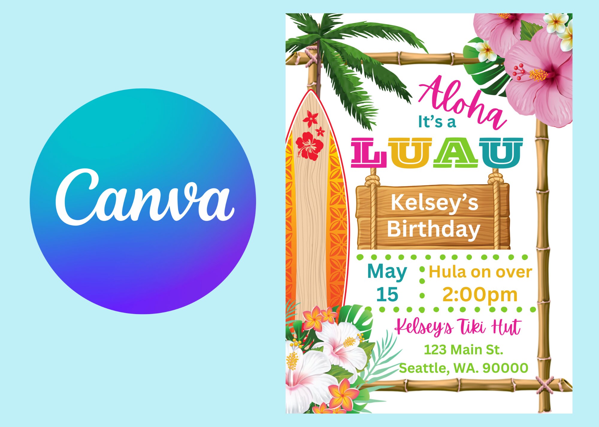 Hawaiian Luau Aloha Birthday Digital Invitation - Tropical Party Invite ...