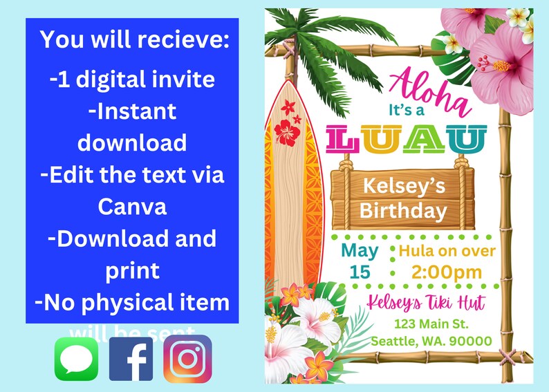 Hawaiian Luau Aloha Birthday Digital Invitation - Tropical Party Invite ...